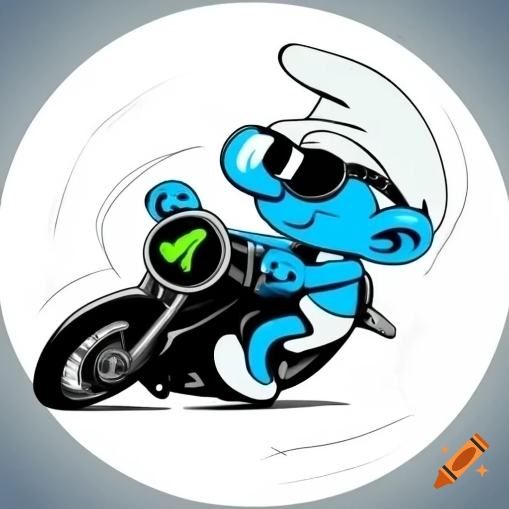 Cartoon smurf riding black motorcycle with sunglasses on white ...