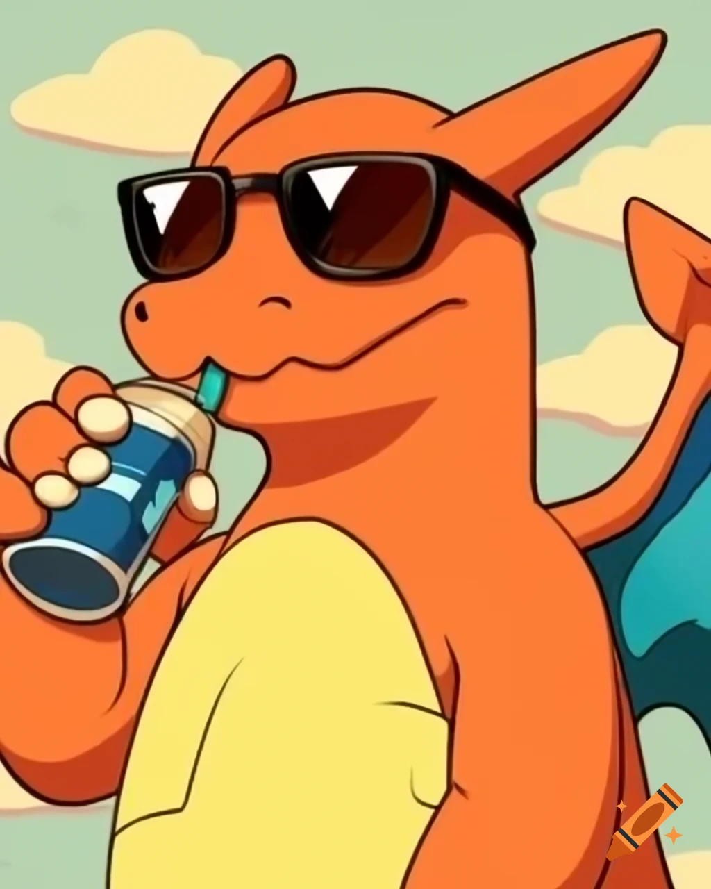 Charizard wearing sunglasses and drinking soda on Craiyon