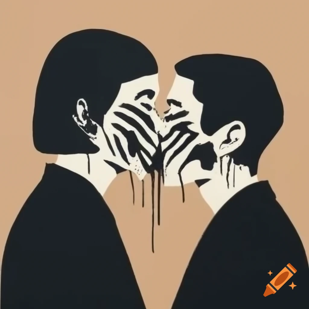 Abstract depiction of two figures kissing in minimalist linocut style ...