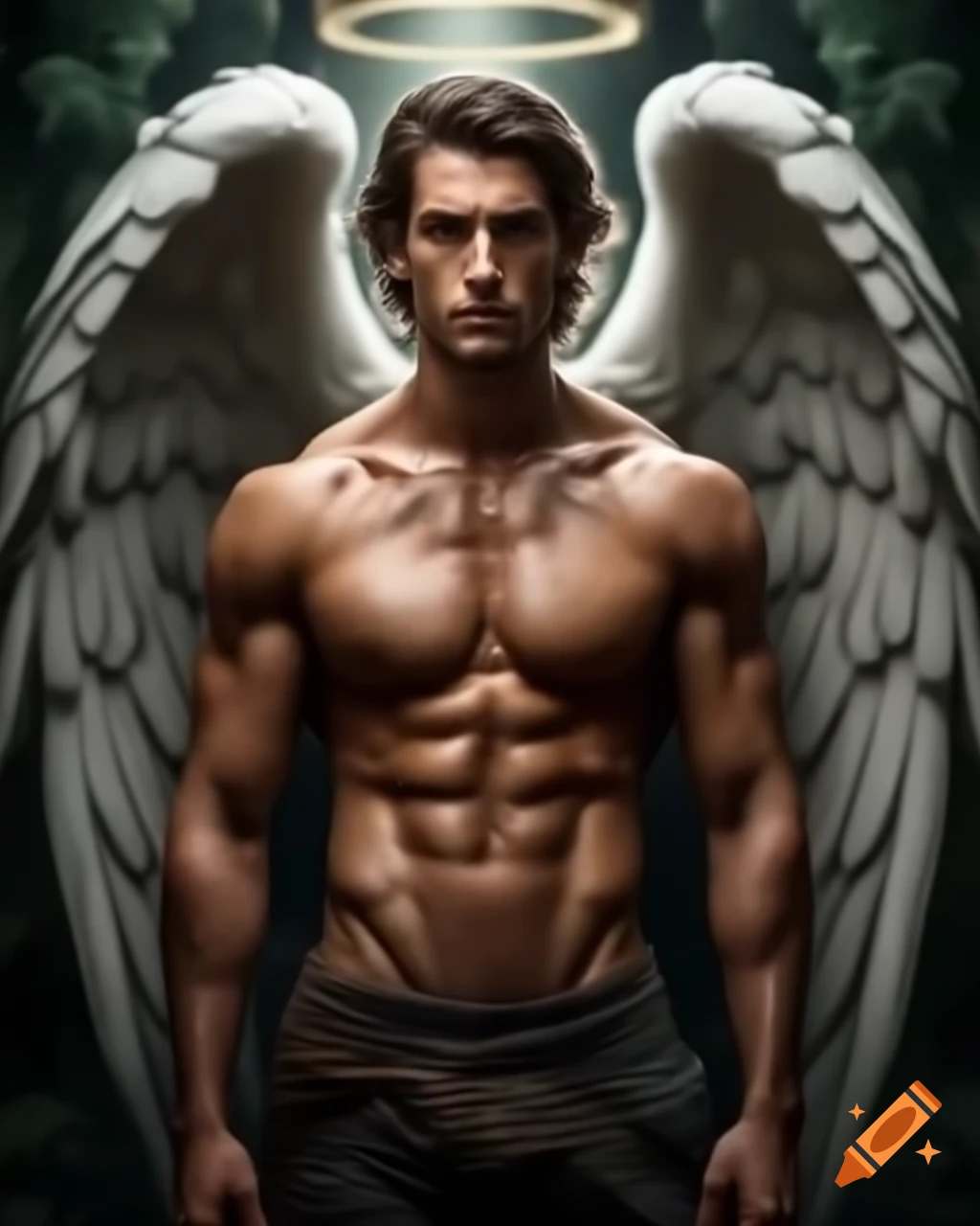 Muscular angel with human boyfriend in a heavenly setting on Craiyon