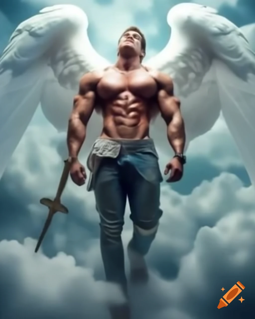 Muscular angel and his human male partner on clouds on Craiyon