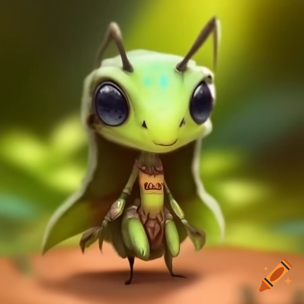 Chibi female mantis-like humanoid in tribal clothing on Craiyon
