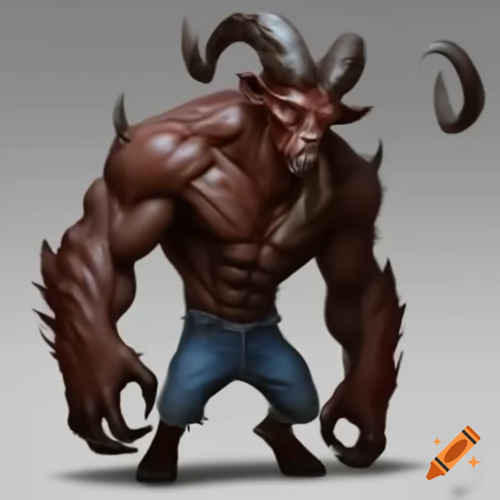 Muscular goat-headed demon with large horns and blue short jeans on Craiyon