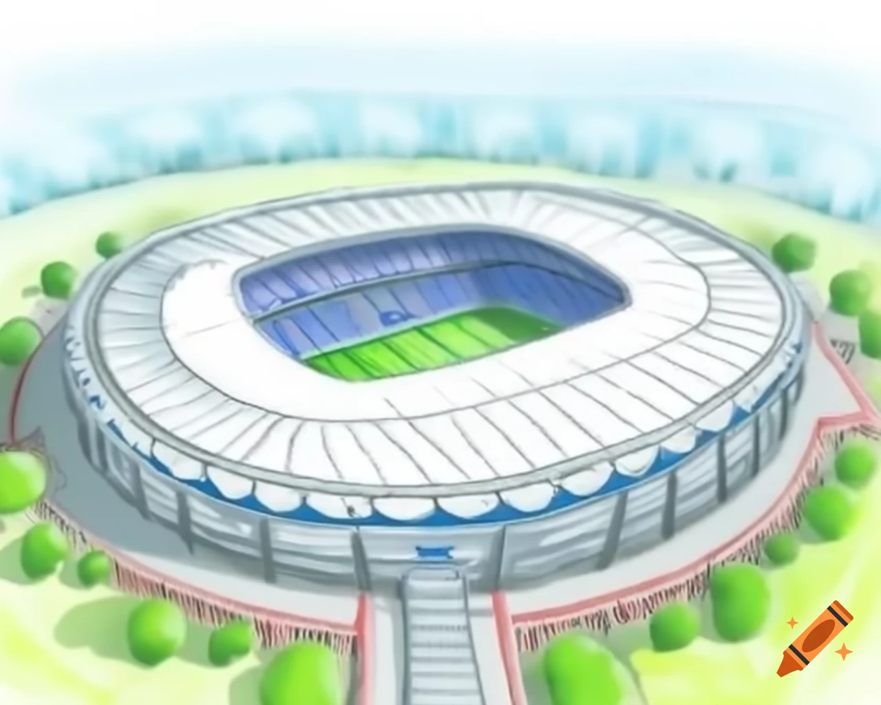 Two point perspective drawing of Champions League stadium exterior on ...