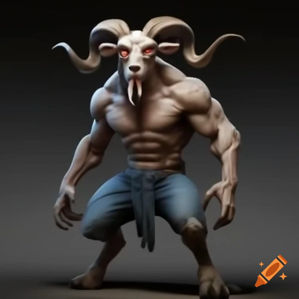 Muscular goat-headed demon with large horns and blue short jeans on Craiyon