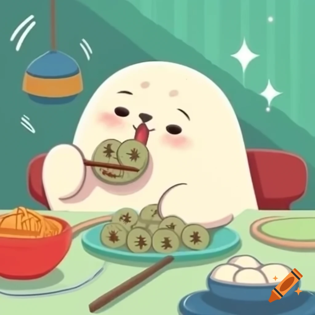 Cute seal enjoying dumplings on Craiyon