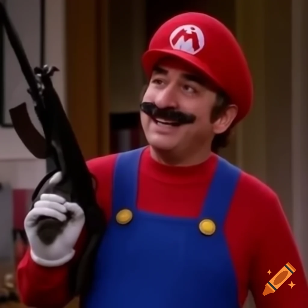 90s sitcom style image of mario holding an ak-47 on Craiyon