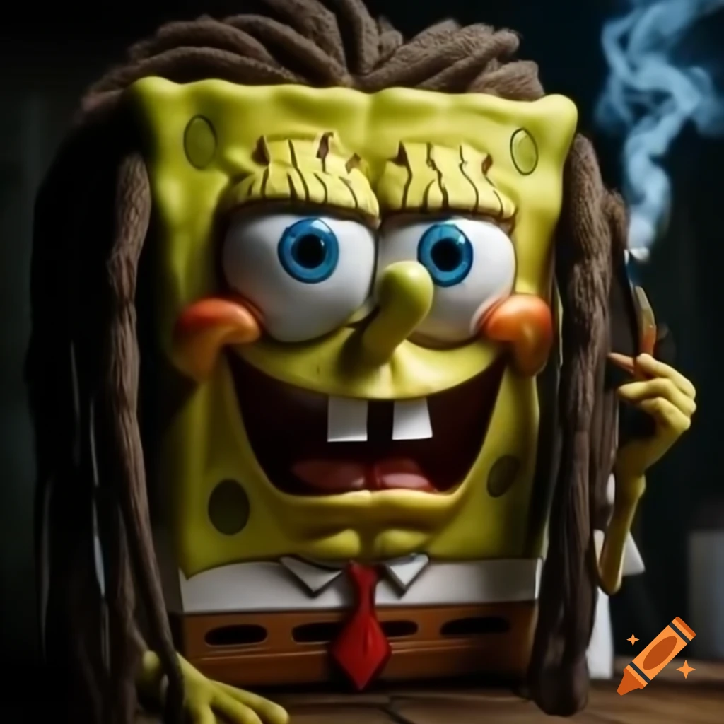 SpongeBob with long dreadlocks and cigarette in mouth on Craiyon