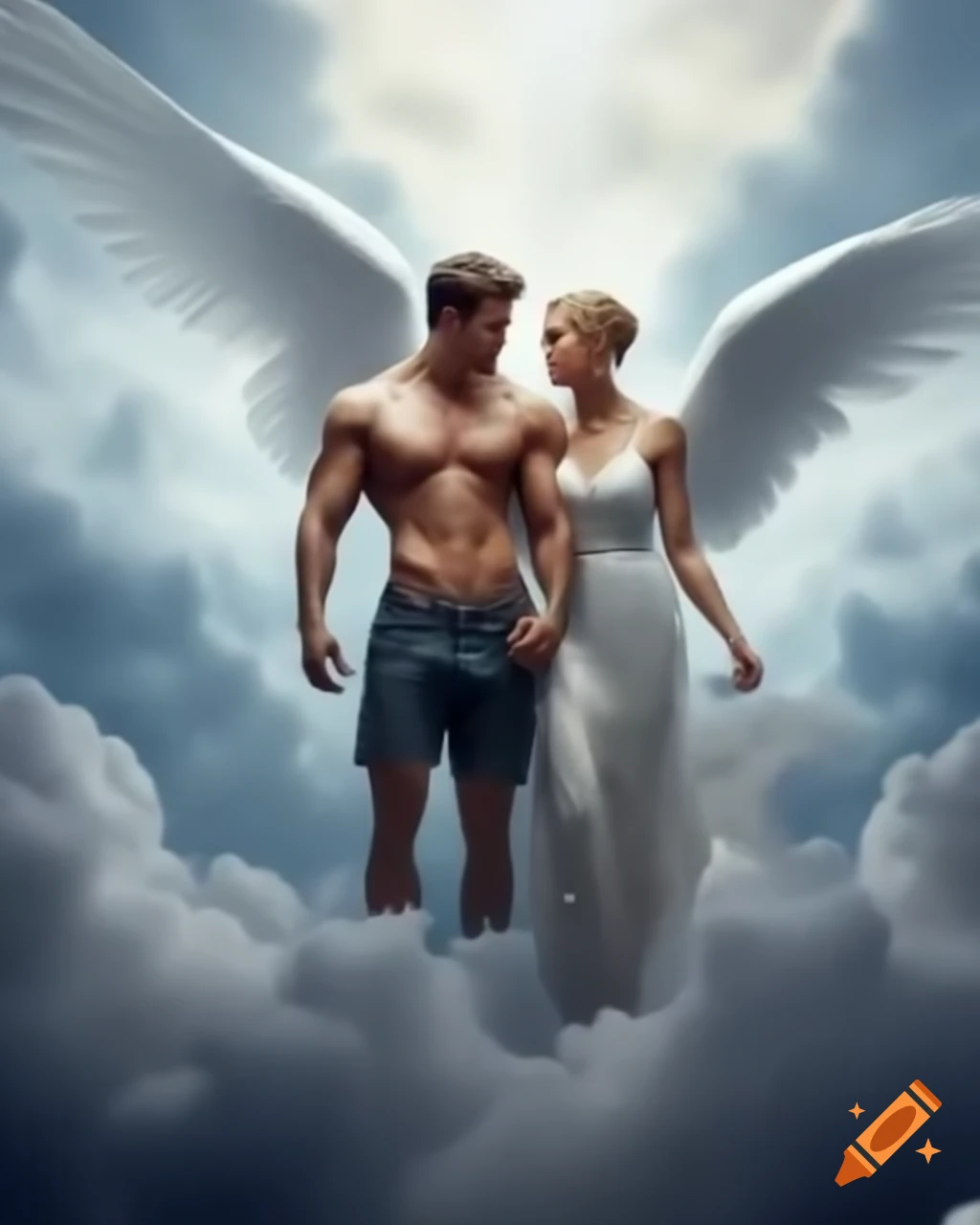 Muscular angel and human male partner in a heavenly cloud setting on ...