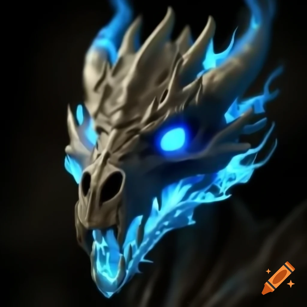 Animated skeletal dragon skull with cyan blue flames for eyes on Craiyon