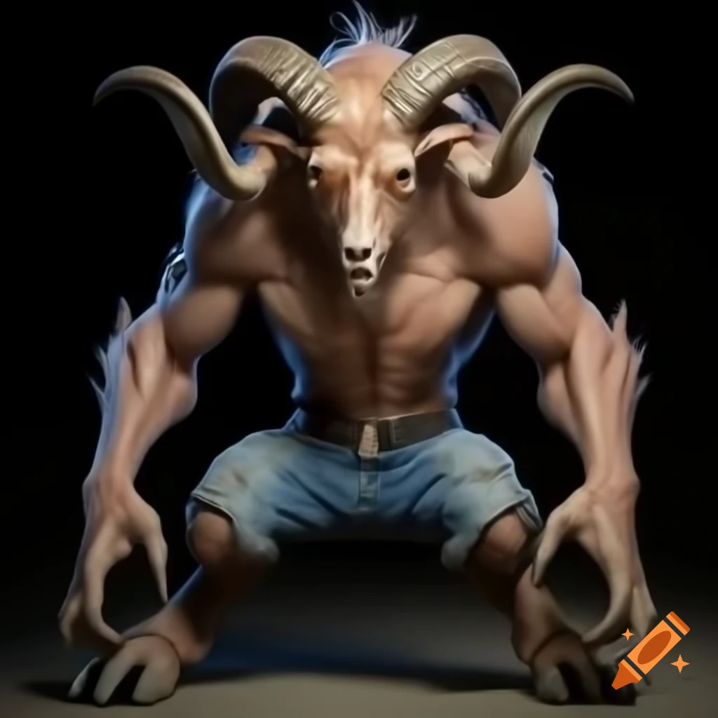 Goat-headed demon with large horns and muscular build in blue shorts on ...
