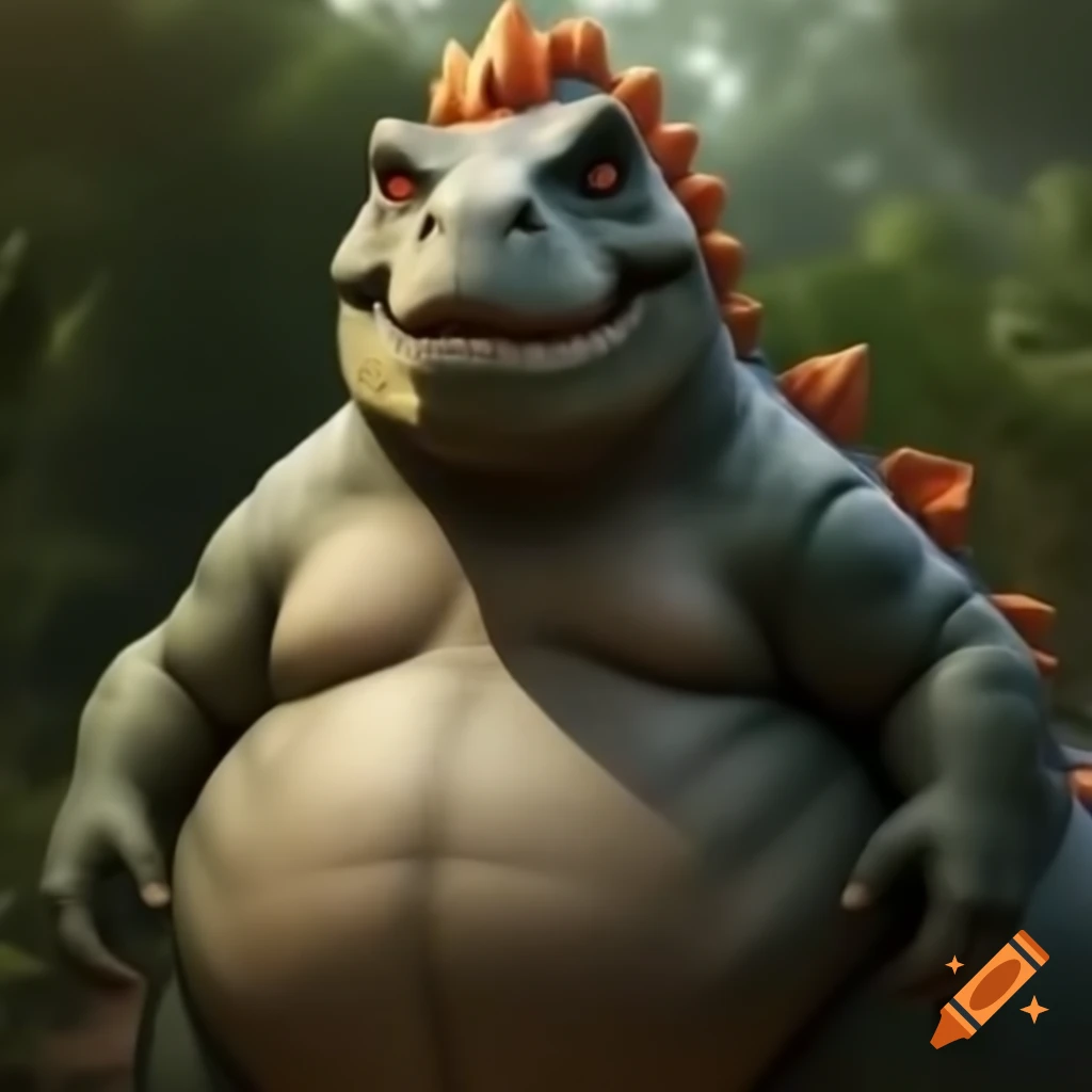 Cartoon depiction of a fat T-Rex with orange hair on Craiyon