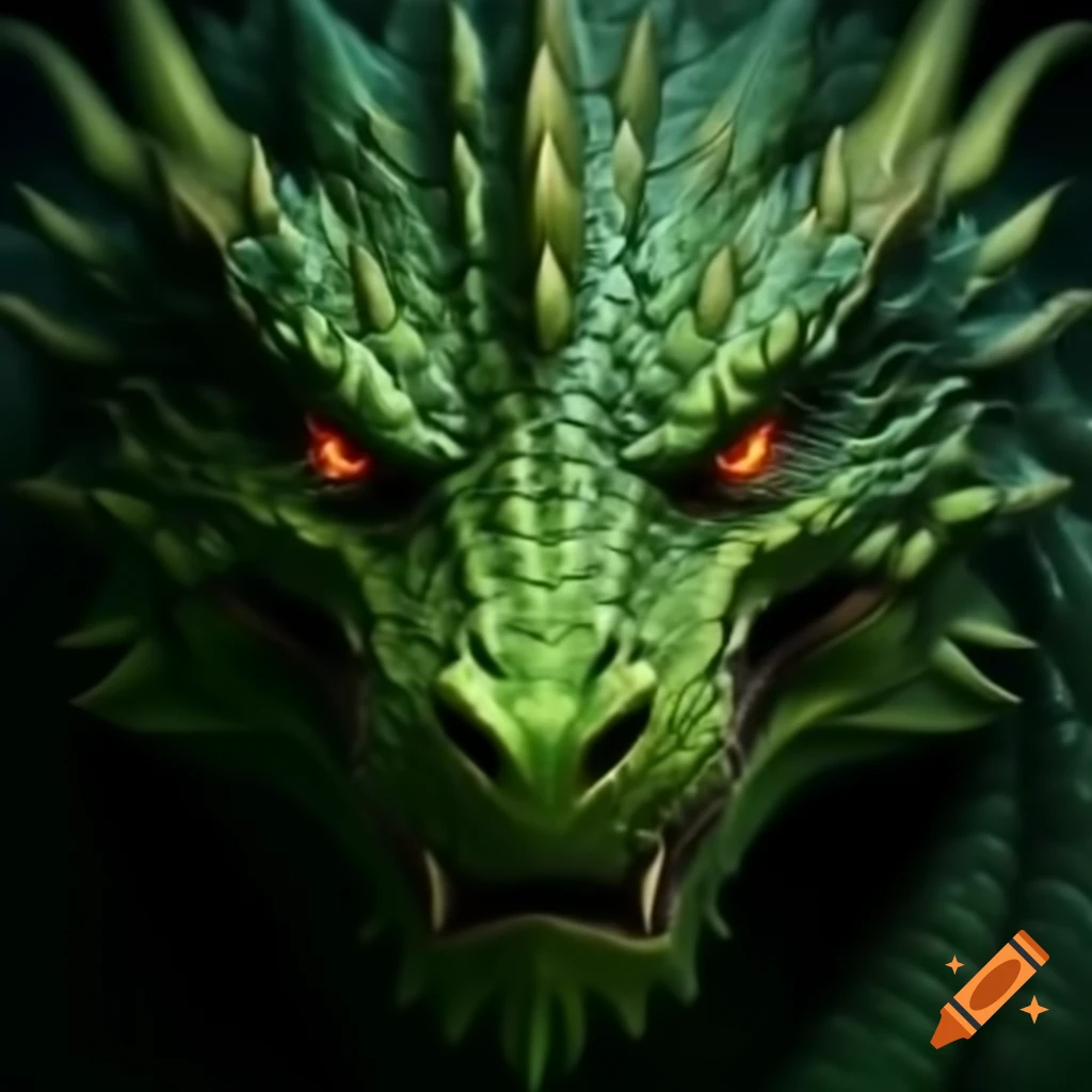 Front face of a green dragon on Craiyon