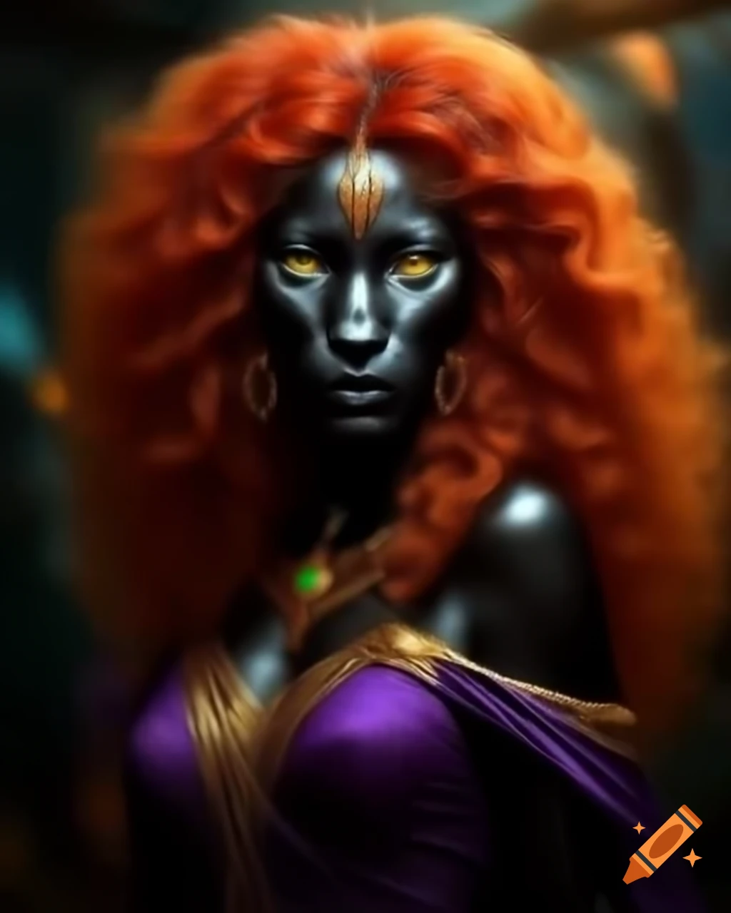 Humanoid black lioness goddess with red and gold curly hair, purple ...