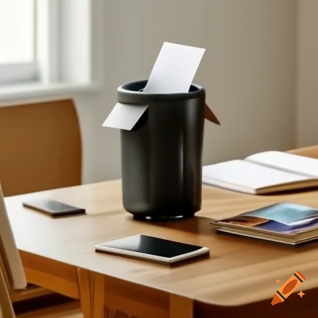 Home study table with mini trash bin and scattered papers on Craiyon