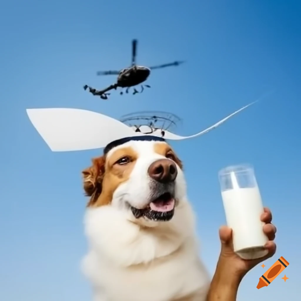 Dog with helicopter hat flying with milk on Craiyon