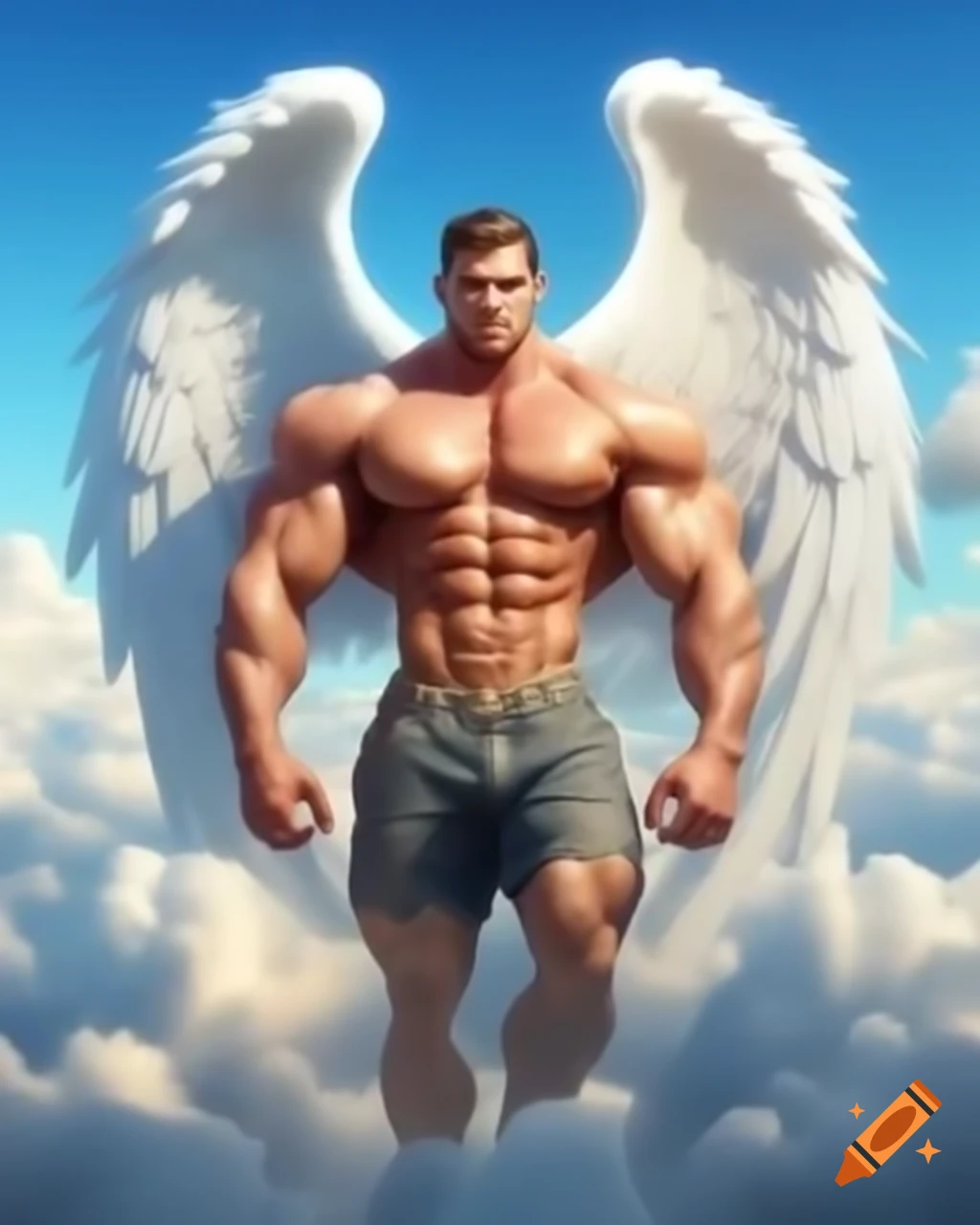Muscular angel and his human male partner on clouds on Craiyon