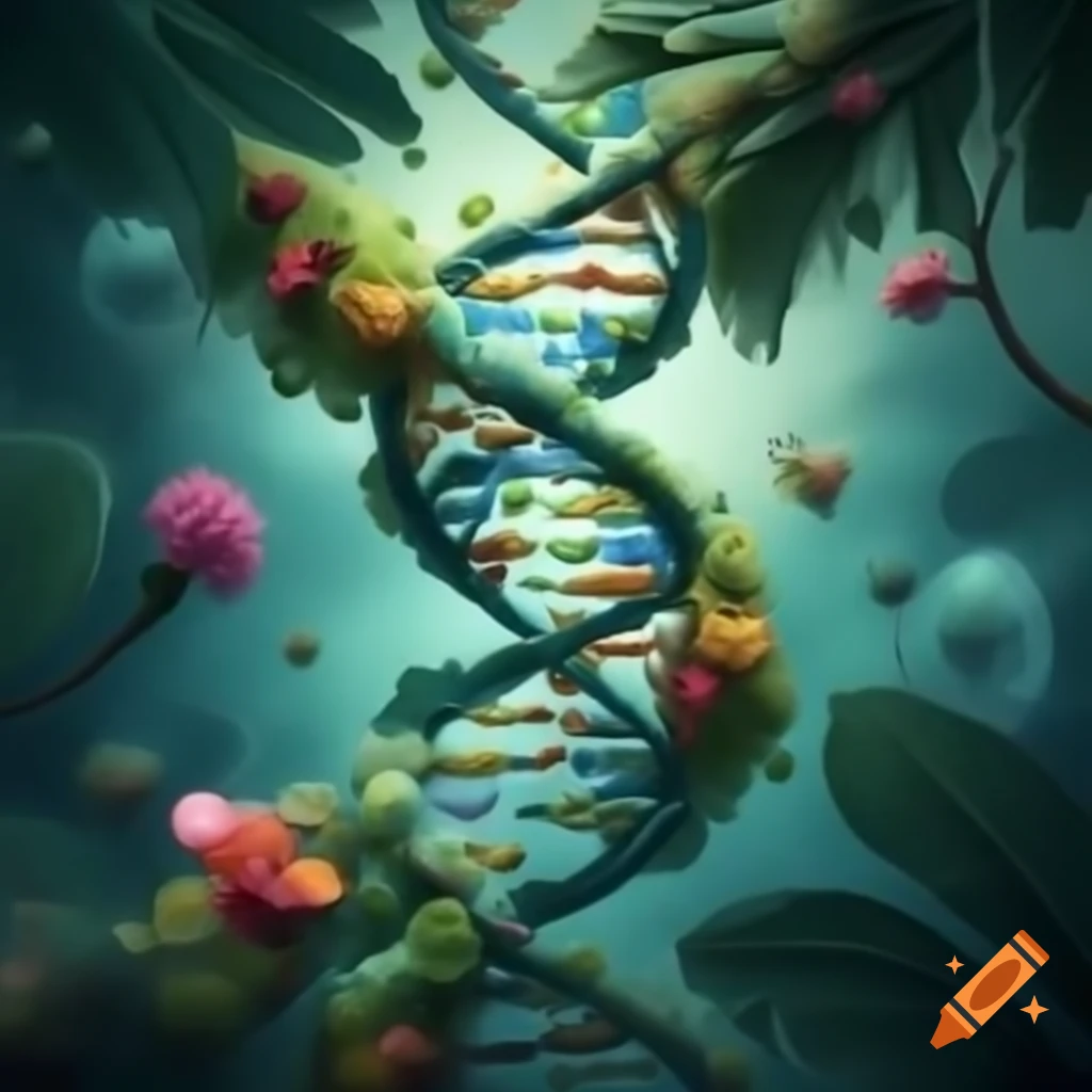 Jungle with DNA double helix structures resembling trees among leaves ...