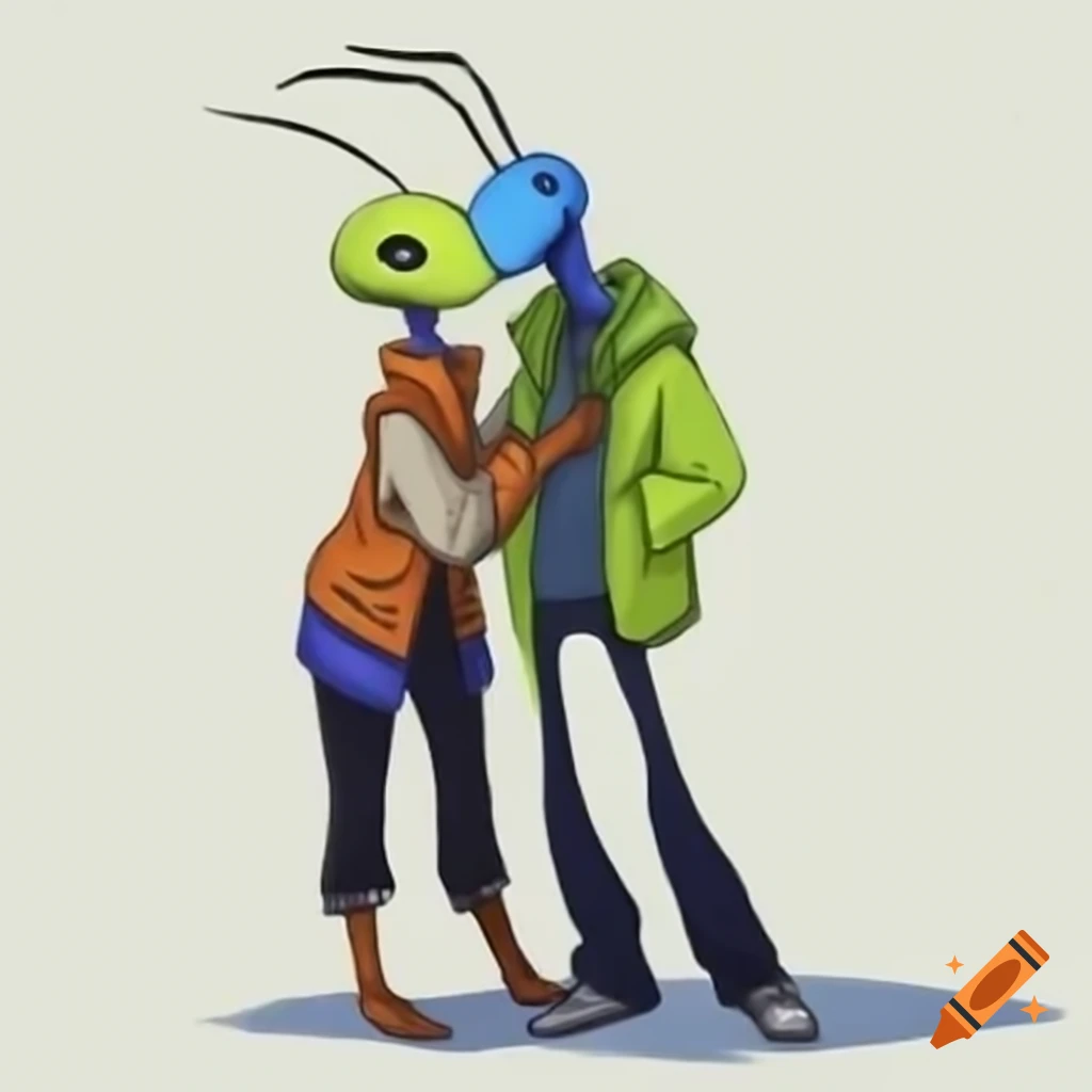 Drawing of two mantis-like humanoid characters hugging, wearing jackets ...