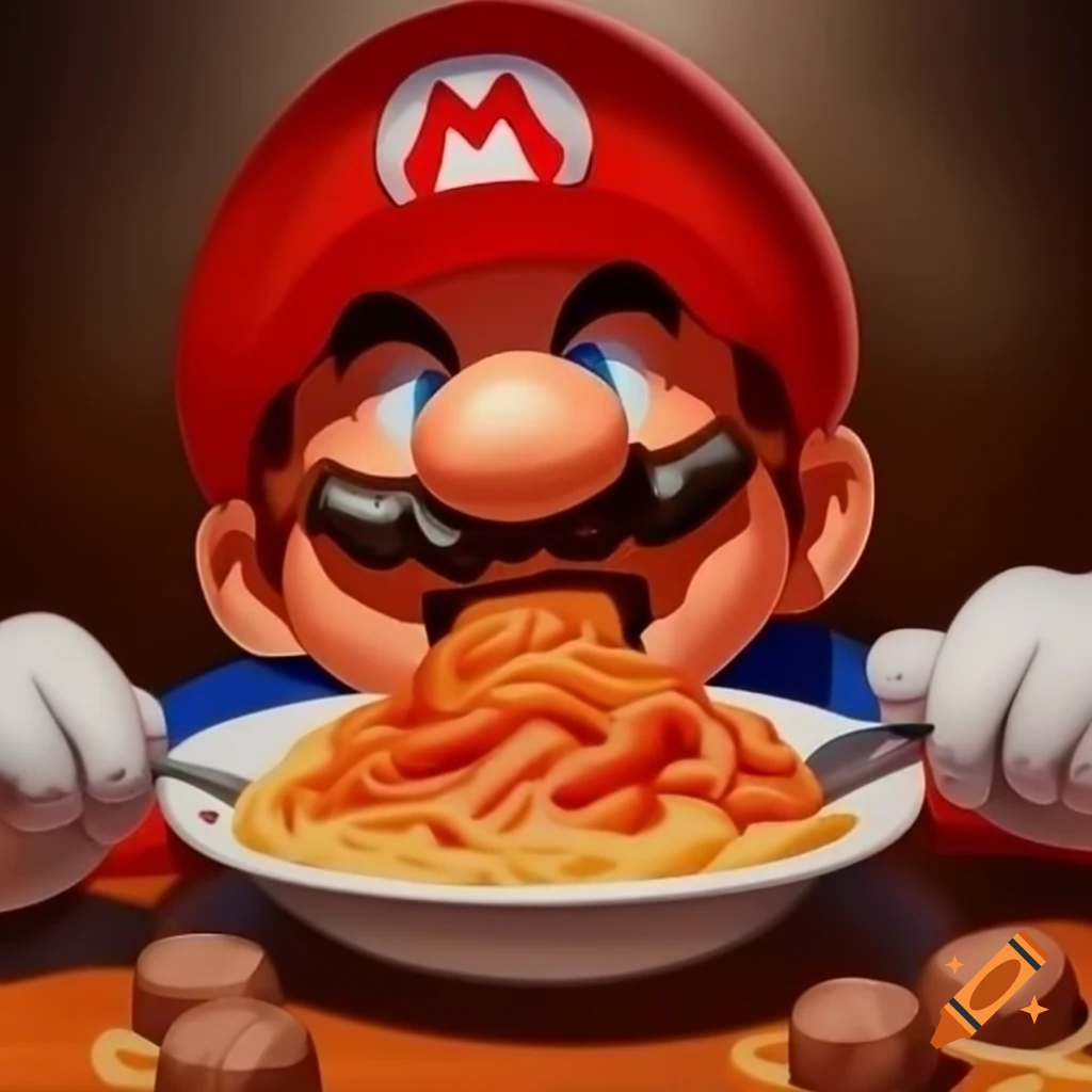 Mario enjoying spaghetti and meatballs on Craiyon