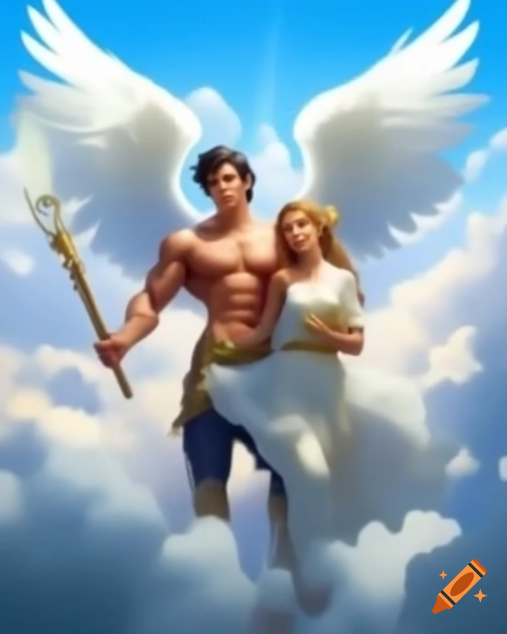 Muscular angel and human male partner in a heavenly cloud setting on ...