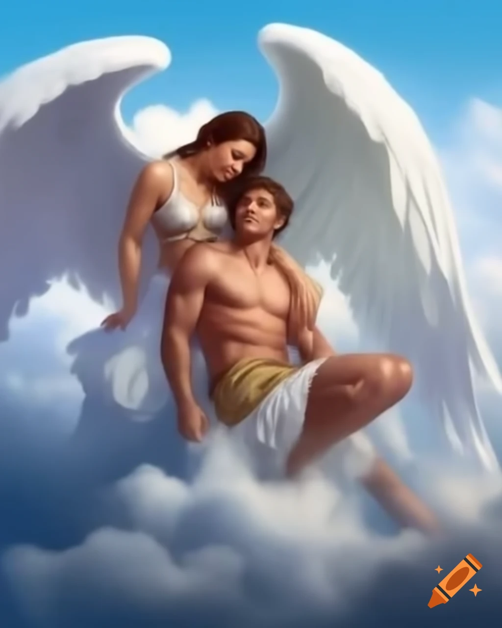 Muscular angel and human male partner in a heavenly cloud setting on Craiyon