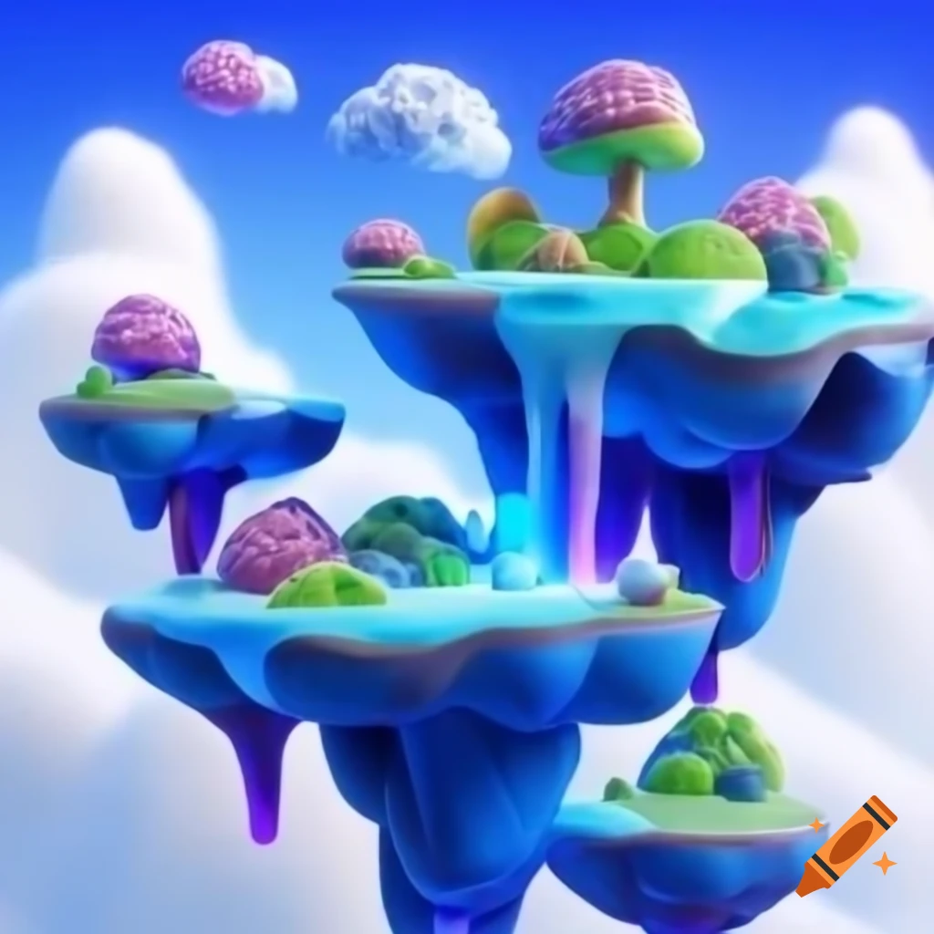 Whimsical candy-colored floating islands with waterfalls in fluffy sky ...