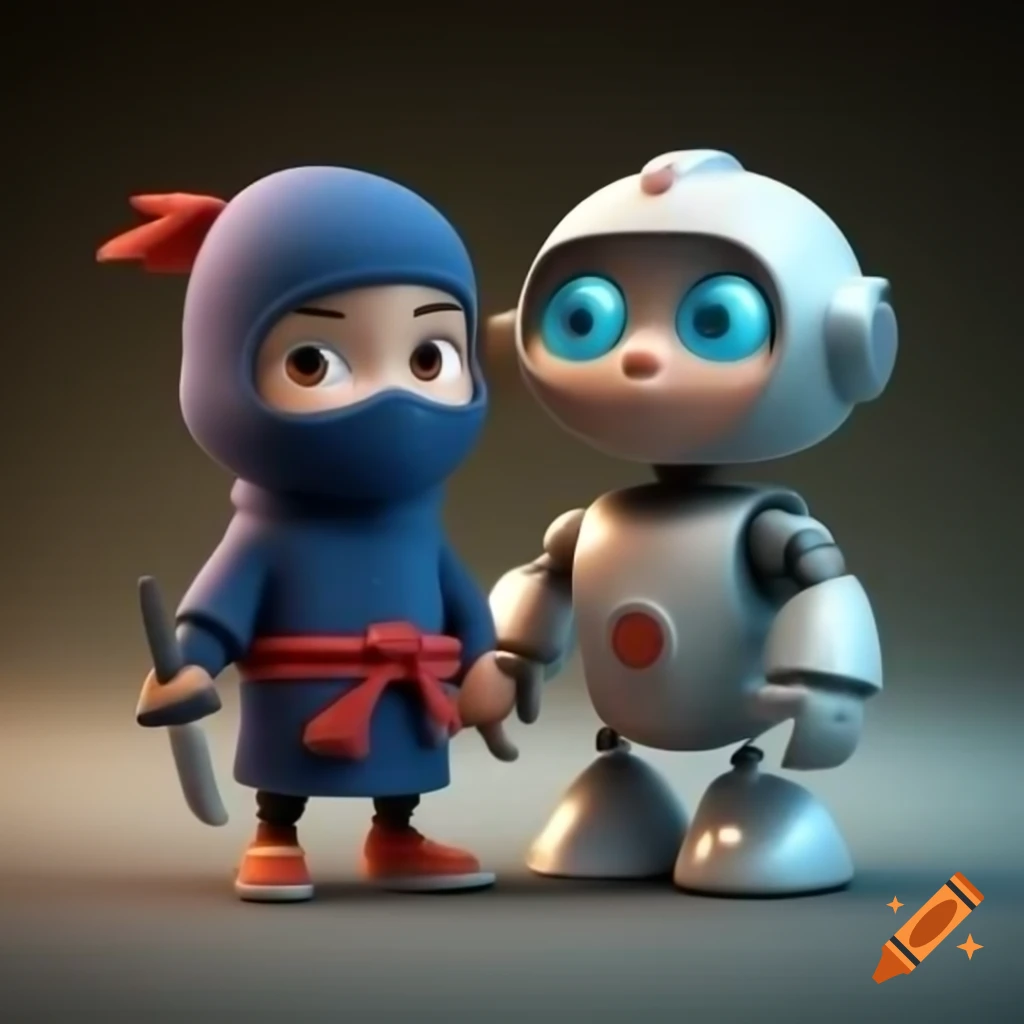 Child ninja and robot expressing love in 3D art on Craiyon