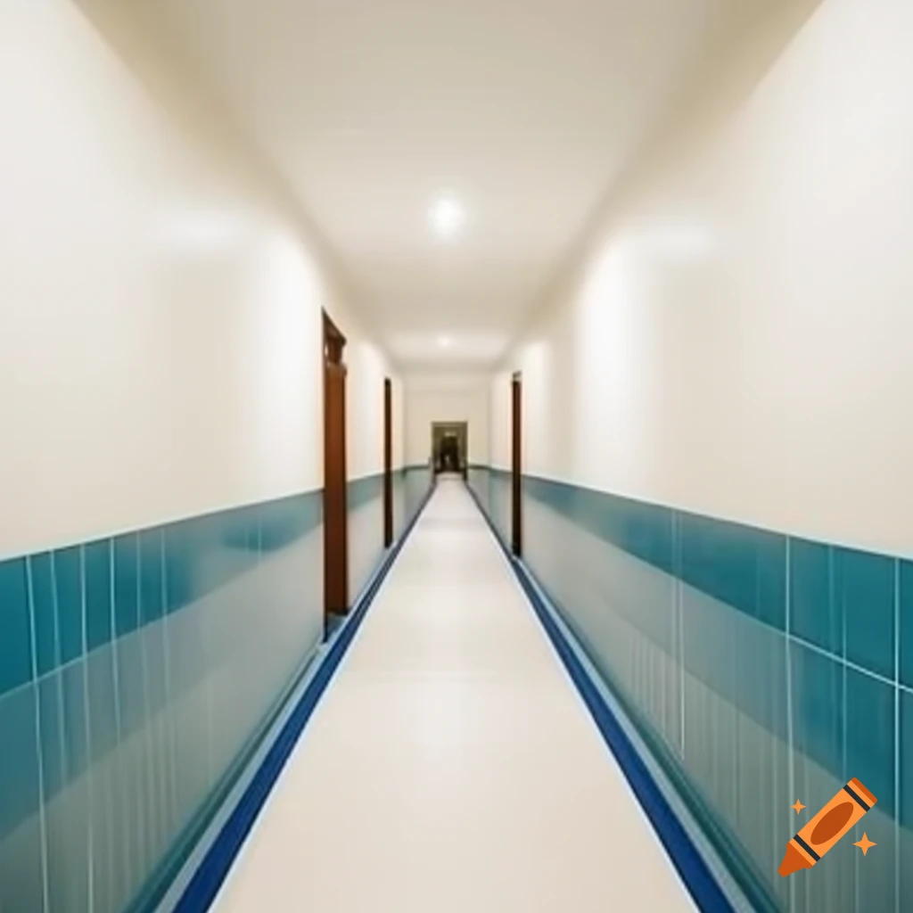 Liminal space hotel hallway with white carpet and tiled walls on Craiyon