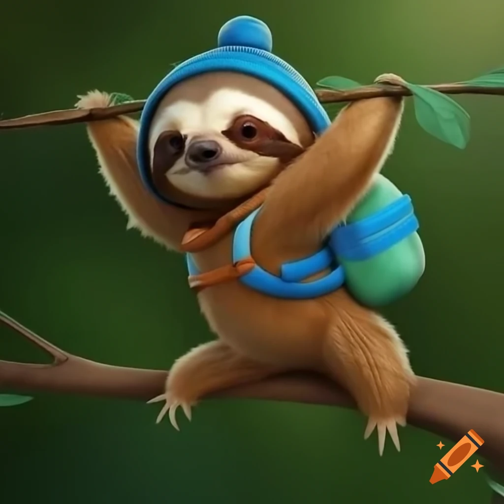Sloth dressed as Finn the Human hanging from tree with playful ...