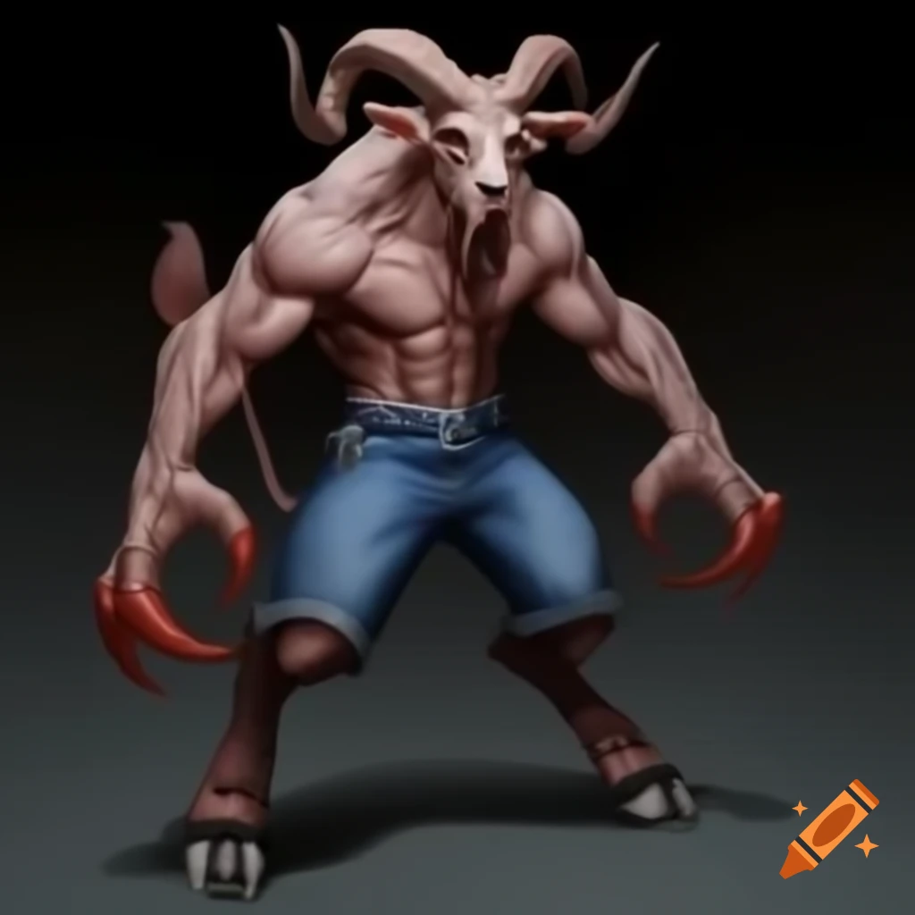 Realistic depiction of a goat-headed demon with large horns and ...