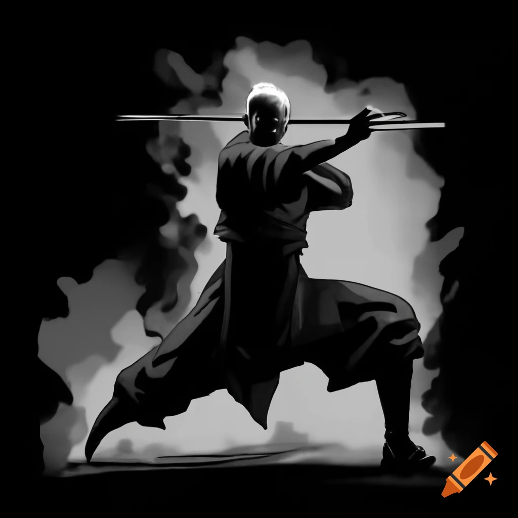 Shaolin monk in fighting pose with spear in monochrome silhouette on ...