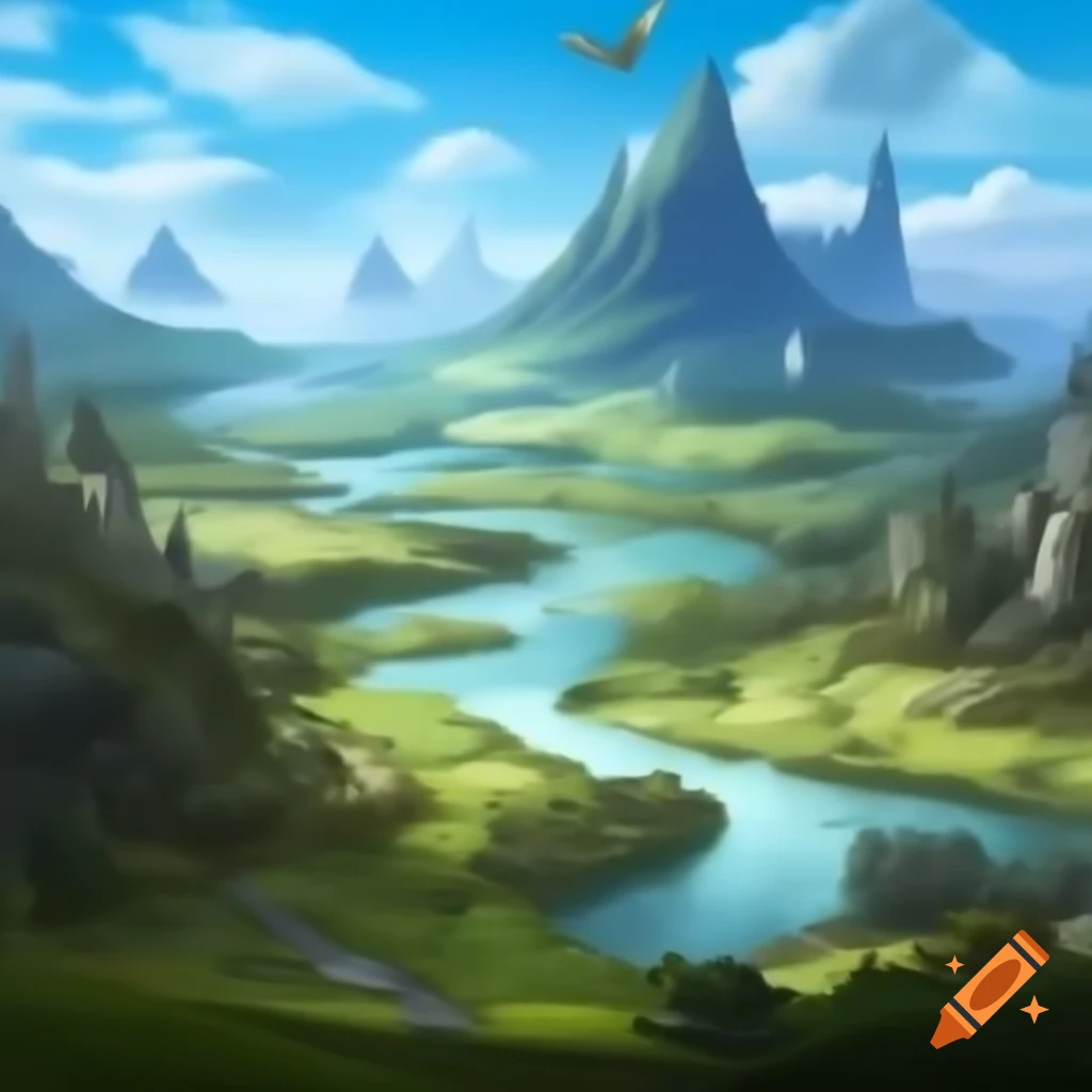 Heroic fantasy landscape featuring hills, river, lake, and dragon on ...