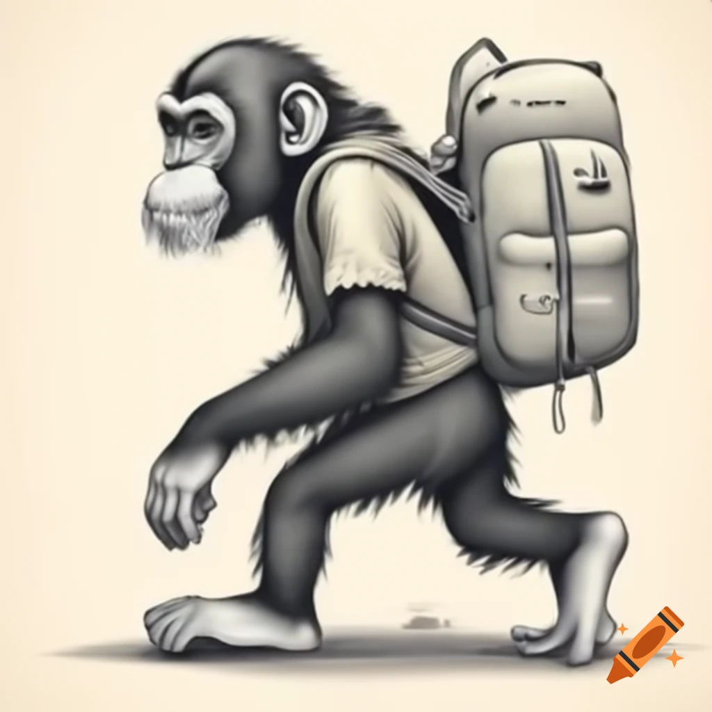 Walking chimpanzee with a backpack in pencil drawing style on Craiyon