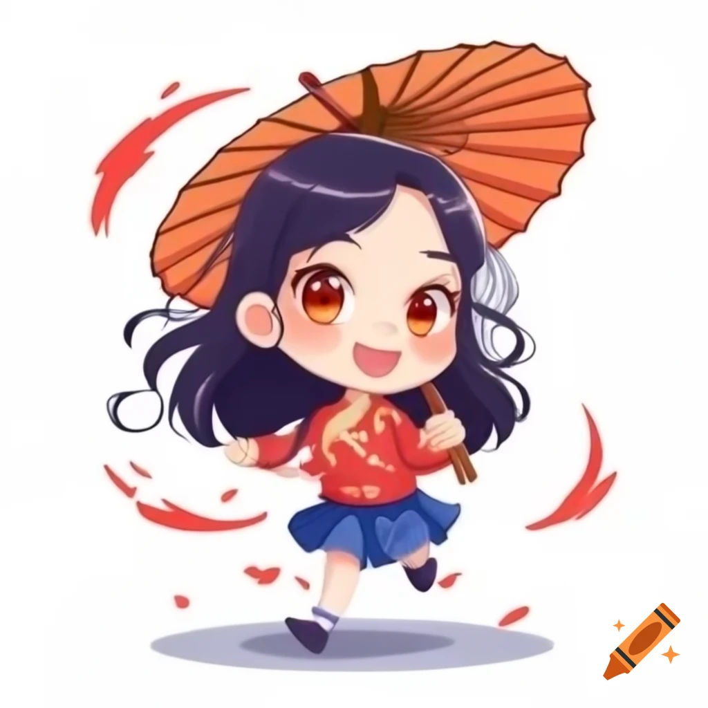 Chibi Chinese girl running with umbrella on Craiyon