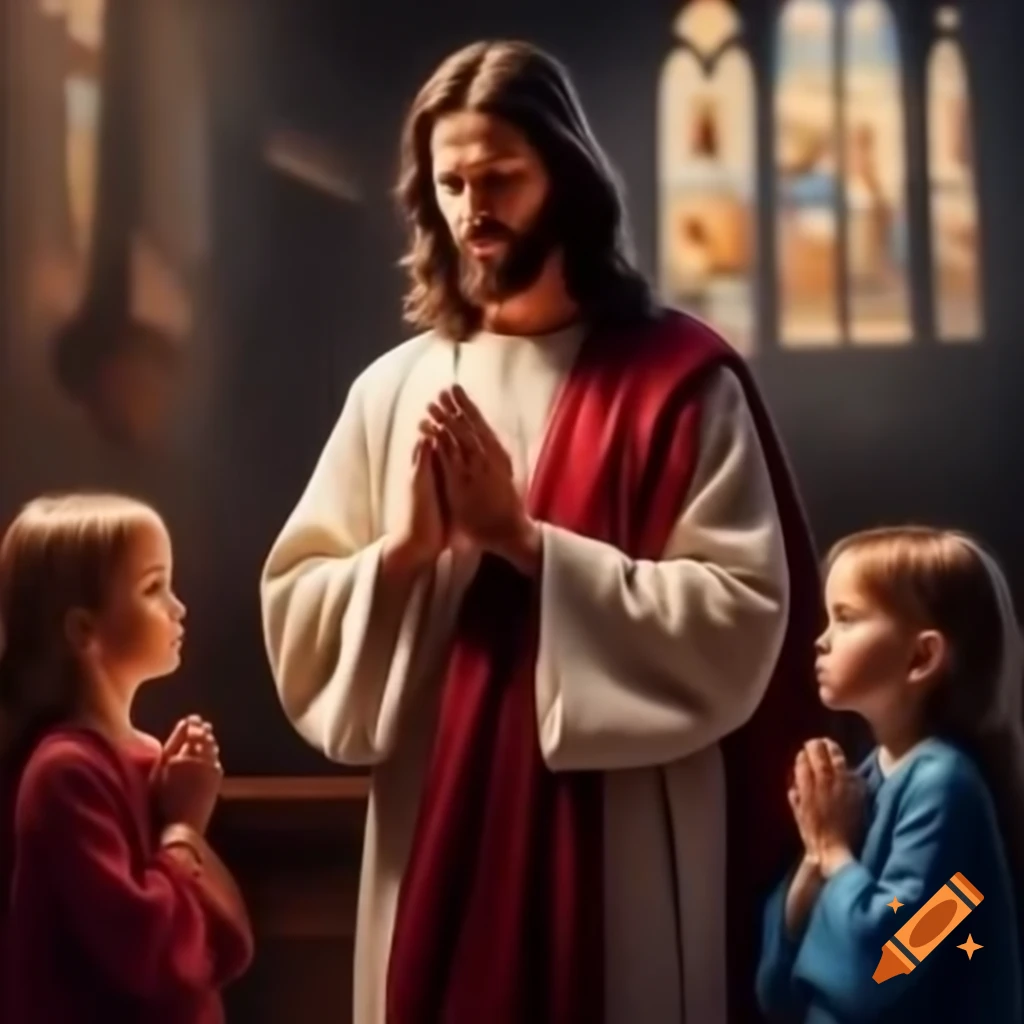 Jesus and children praying together in a church setting on Craiyon