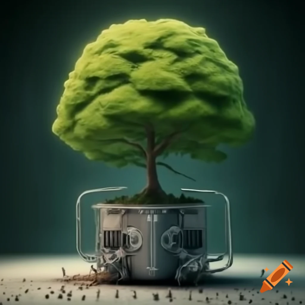 Tree planted in a modern technology pot on Craiyon