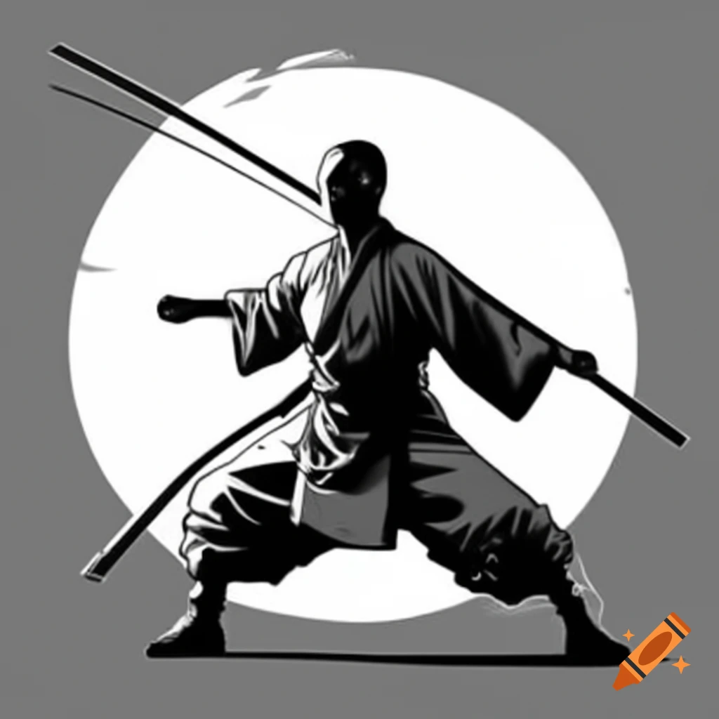 Shaolin monk in fighting pose with staff silhouette on Craiyon