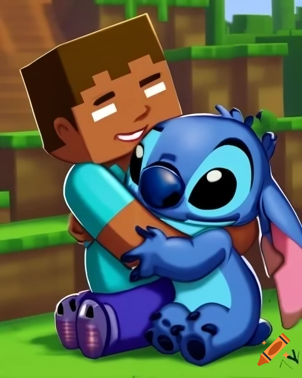 Minecraft characters Steve and Alex hugging Stitch in Minecraft scene ...