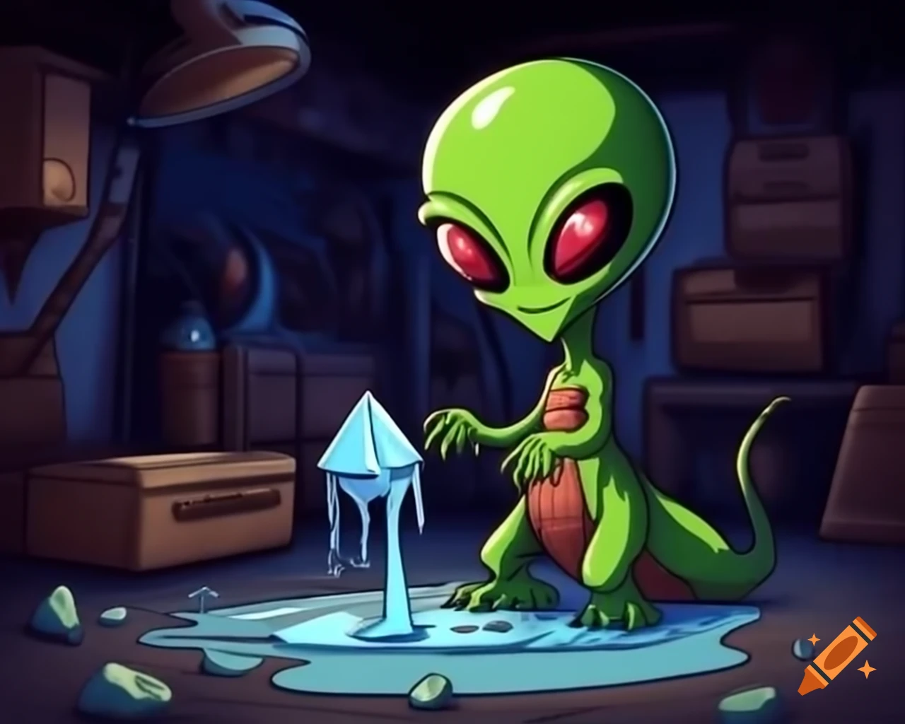 Alien monster melting diamond in garage, close-up shot on Craiyon