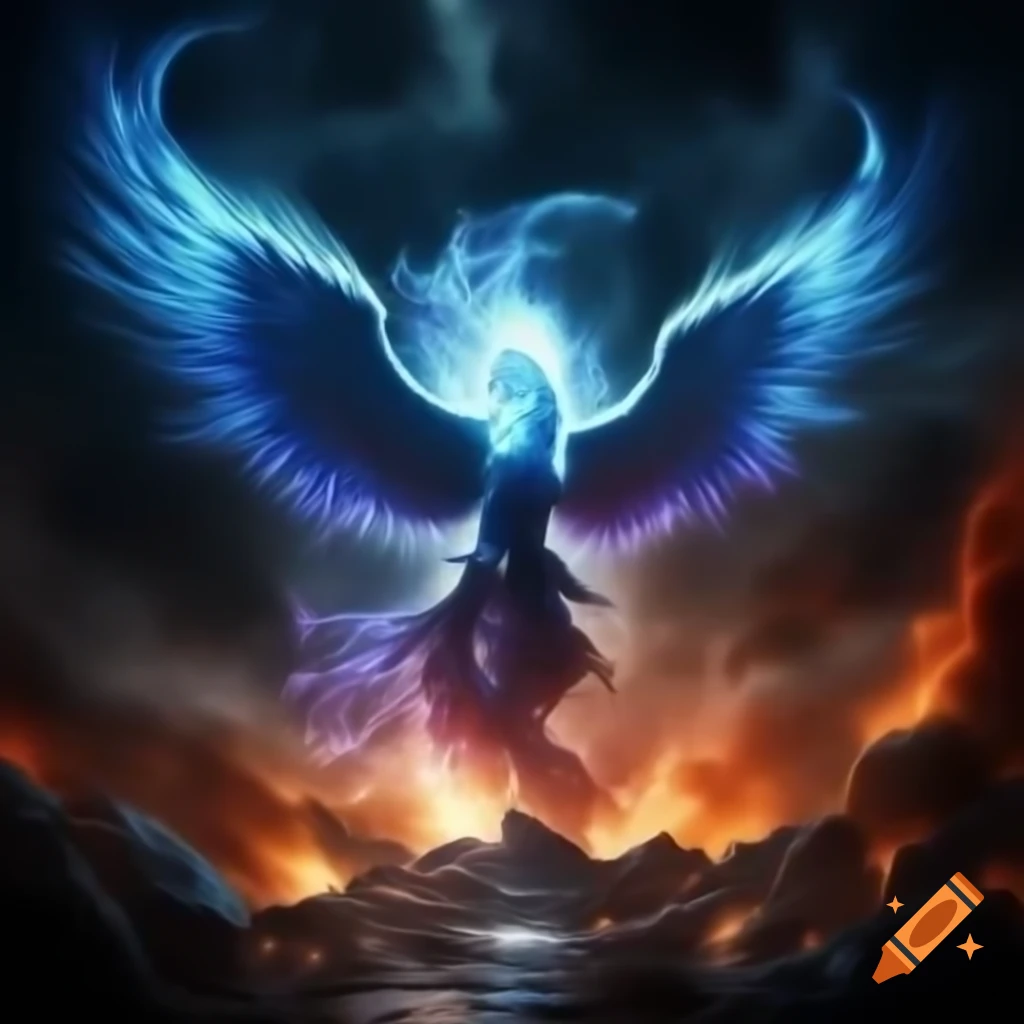 Azure blue phoenix displaying fiery energy with spread wings on Craiyon