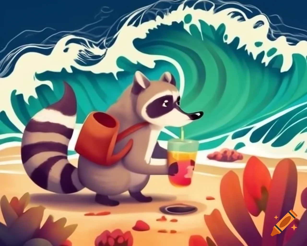 Chill raccoon riding beach wave with berry slushie on Craiyon