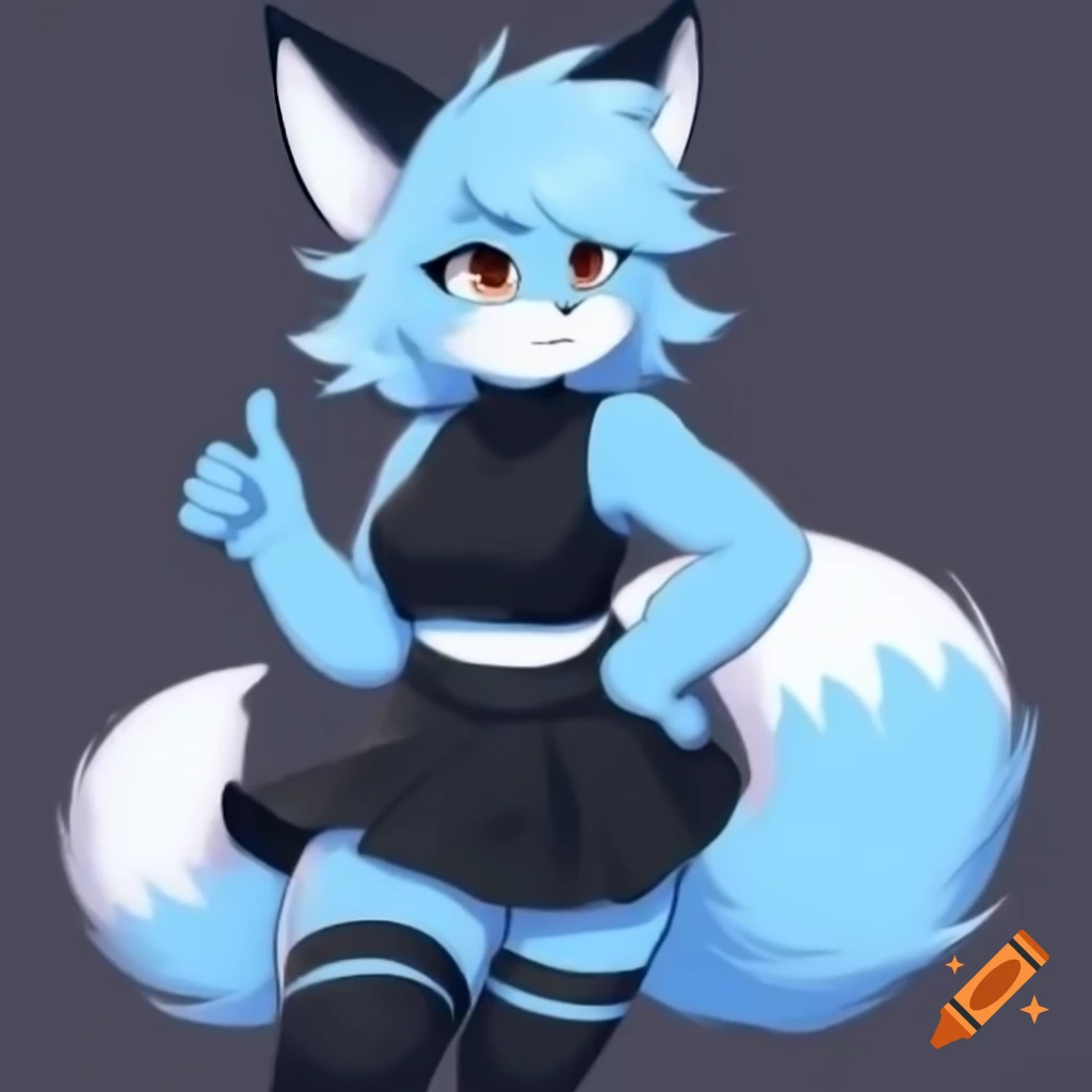Light blue female anthro fox in loose black croptop and skirt, posing shyly on Craiyon