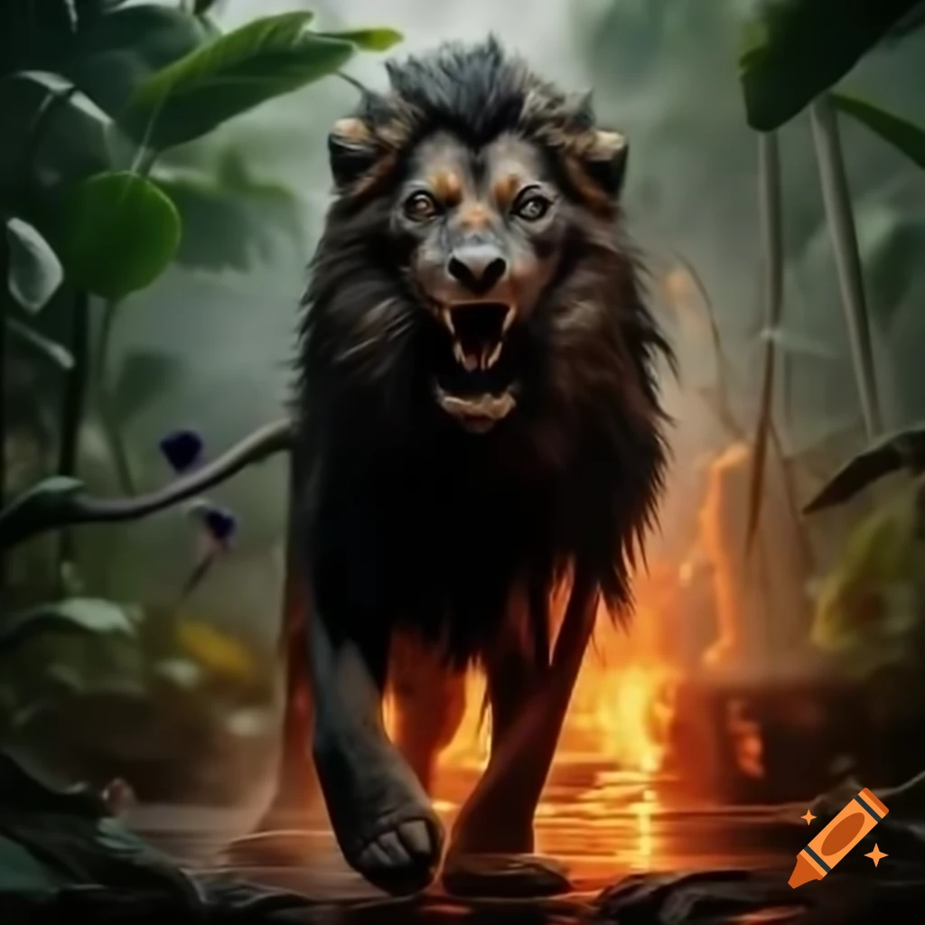 Black lion roaring in jungle with fire raining down on Craiyon