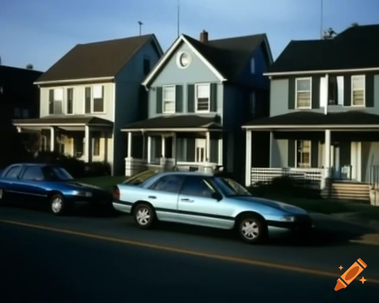 90s neighborhood with light blue houses and vintage cars on Craiyon