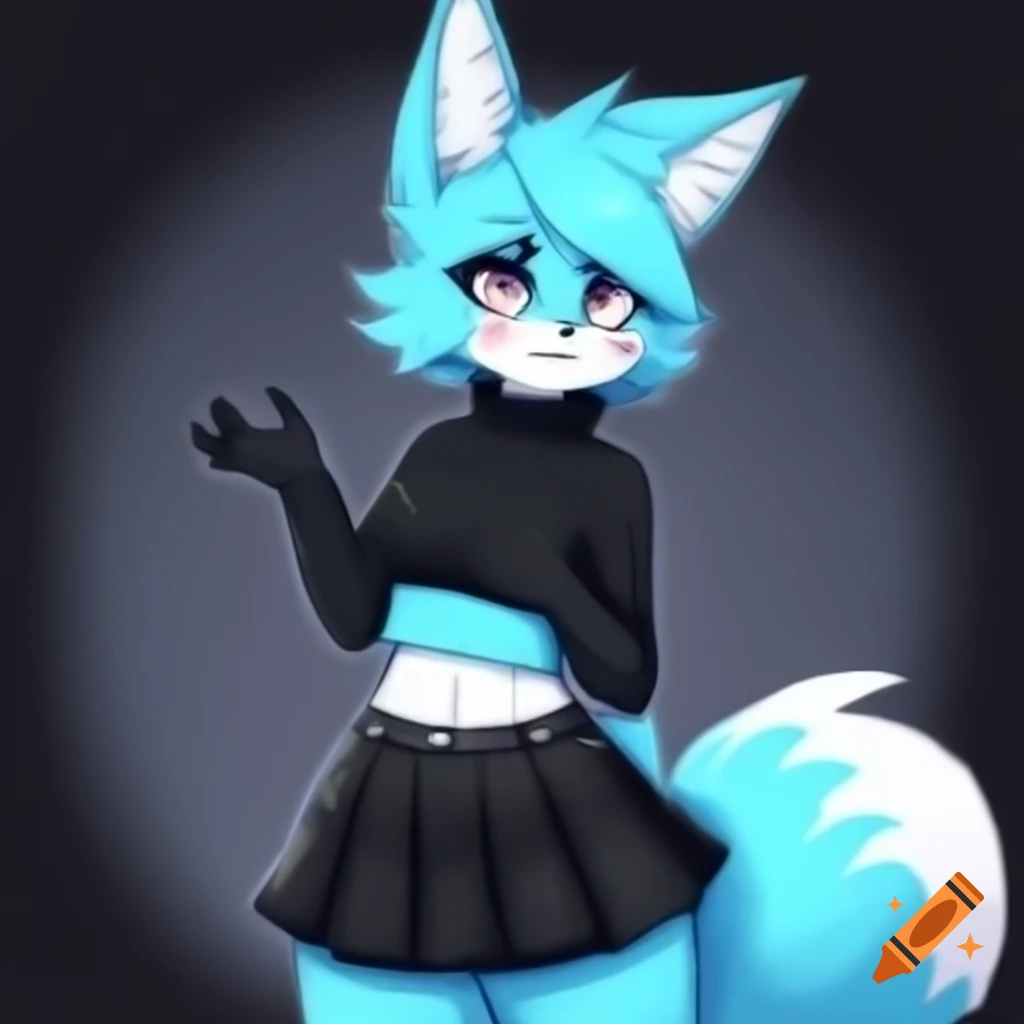 Light blue female furry fox in black crop top and skirt, posing shyly ...