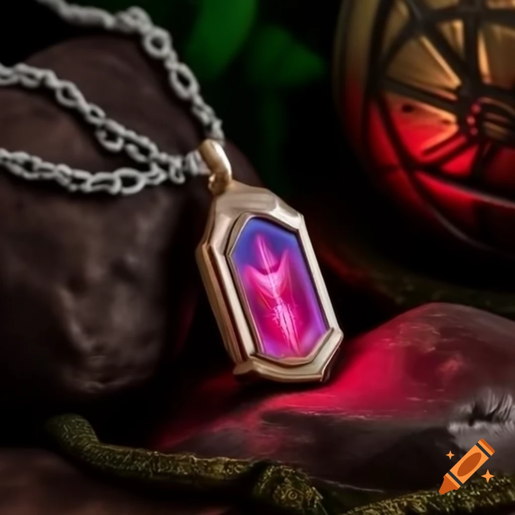 Shimmering amulet with arcane enchantment radiating pink-red light on ...