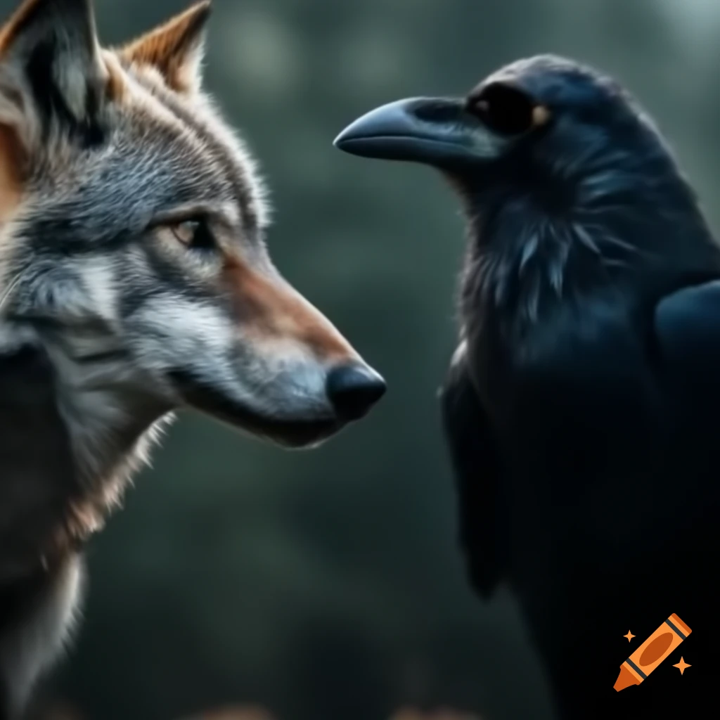 Clever wolf and wise crow gazing at each other, contemplating ...