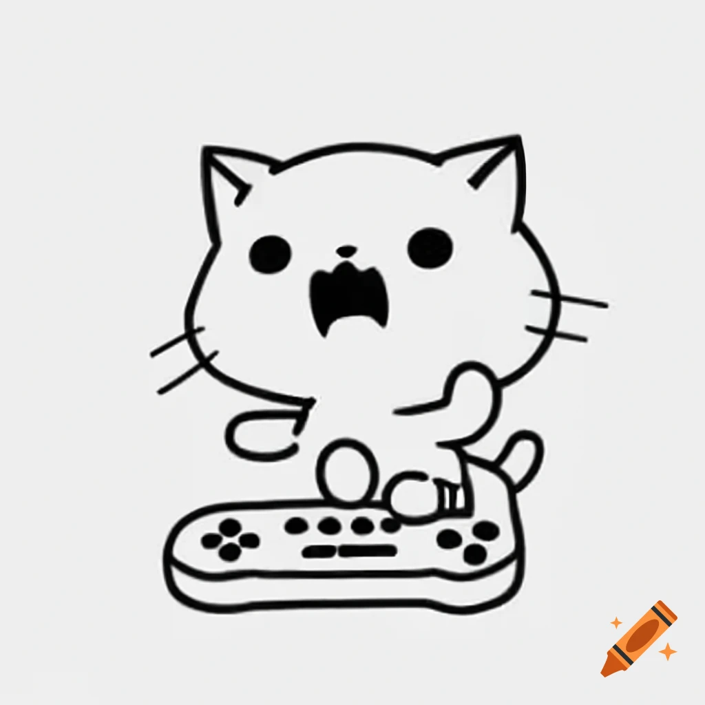 Minimalist chibi-style drawing of cat playing video games on Craiyon