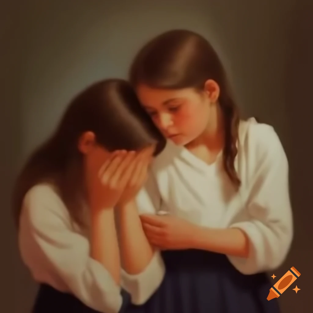 Emotional scene of two girls, one crying while the other provides ...